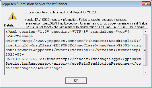 Errors trying to retreive RAIM predictions from Jetplanner