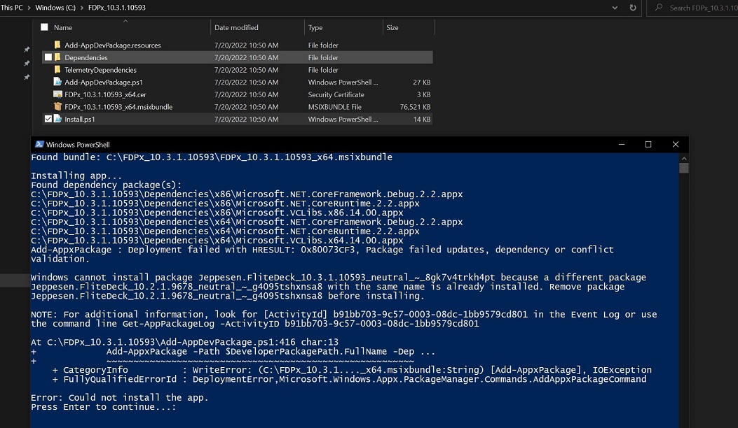 A FliteDeck Pro X (for Windows) installation fails with an error indicating a different package ...