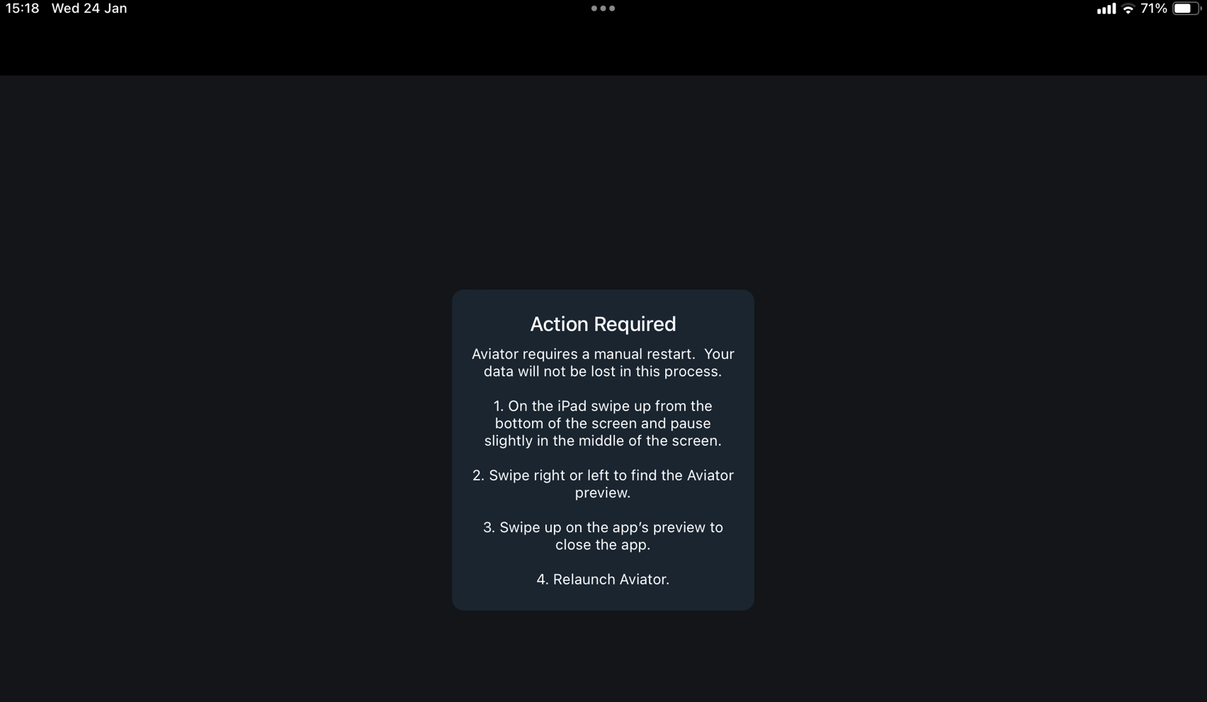 Aviator restart prompt, Action required Aviator requires manual restart