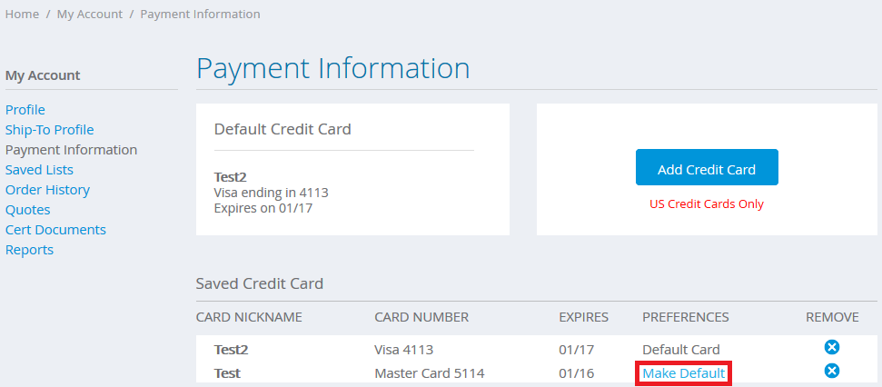 How do I change my default credit card?