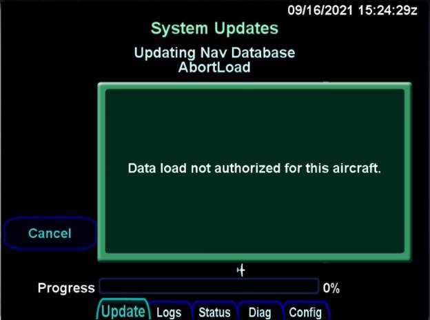 "Data load not authorized for this aircraft" when attempting to update ...