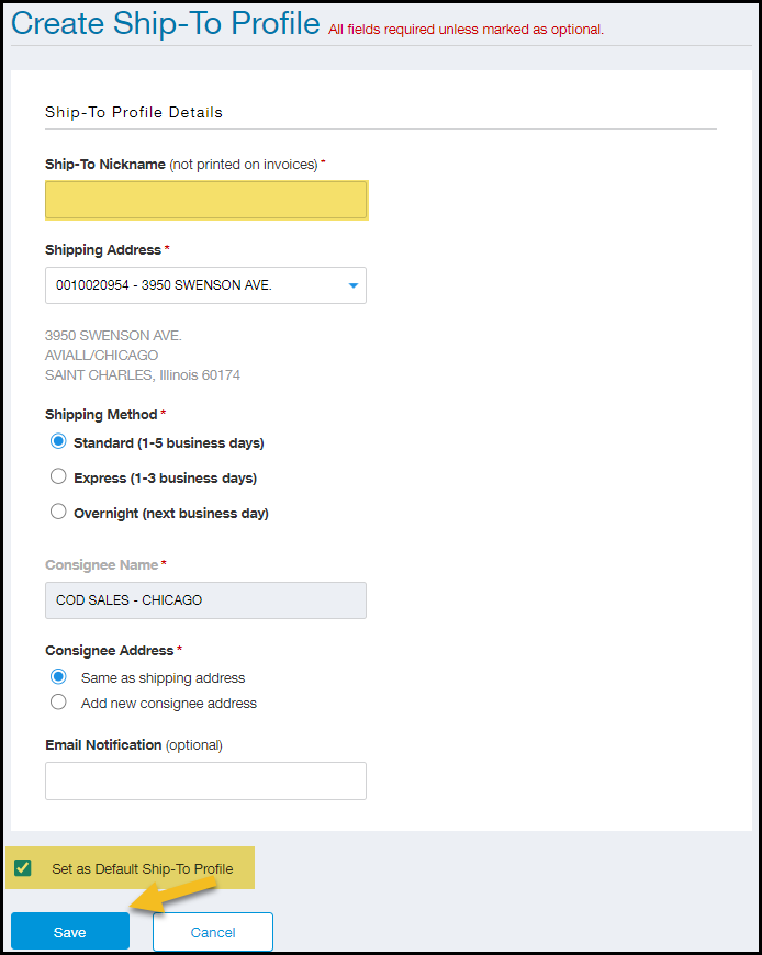 Default Ship To Profile