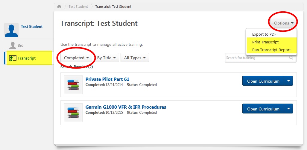How to print a transcript for the Jeppesen Learning Center