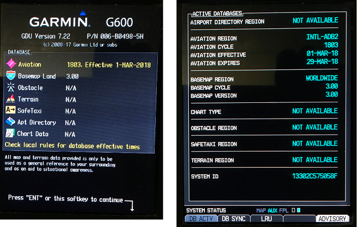 "N/A" or "NOT AVAILABLE" appears next to a database on a Garmin G500/600