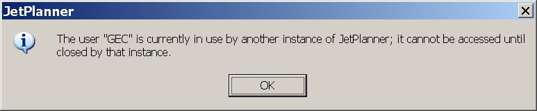 User is currently in use by another instance of JetPlanner